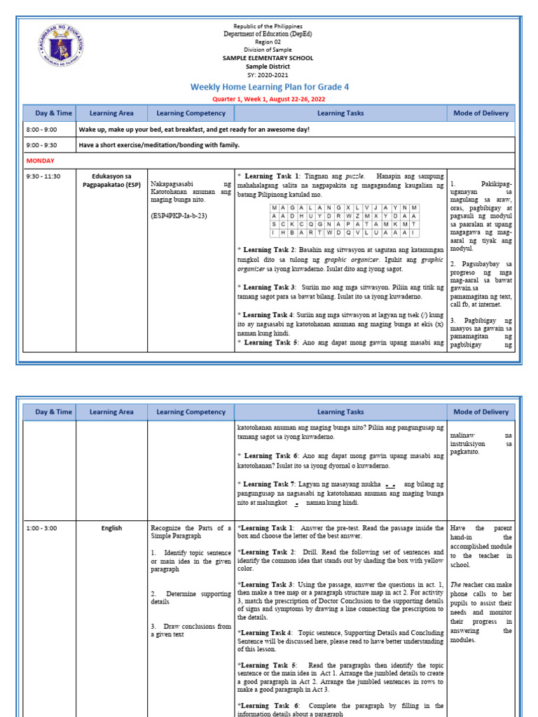 Grade 4 Weekly Learning Plan | PDF
