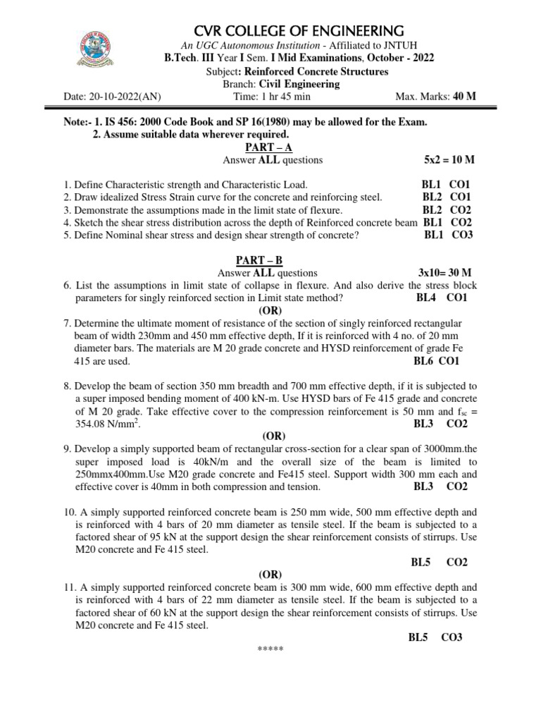 Reinforced Concrete Structures Exam 2022 | PDF | Reinforced Concrete ...