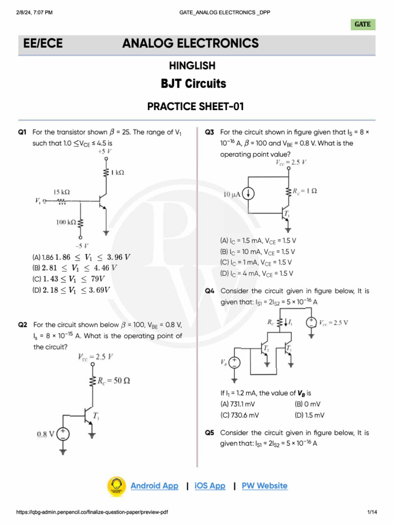 GATE Analog Electronics Practice | PDF | Electricity | Electrical Equipment