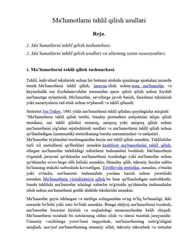 Reja. Ma'lumotlarni Tahlil Qilish Tushunchasi. Ma'lumotlarni Tah | PDF