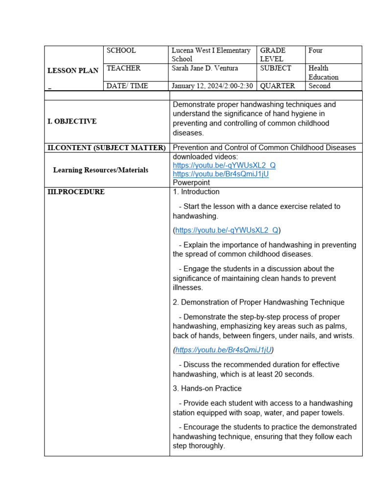 Health Education Lesson Plan Catch Up Program January 12 | PDF | Hand ...