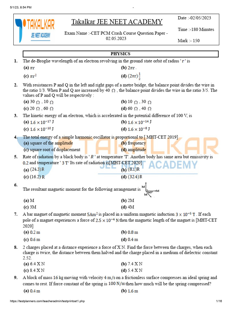 CET PCM Crash Course Question Paper | PDF | Electronvolt | Momentum