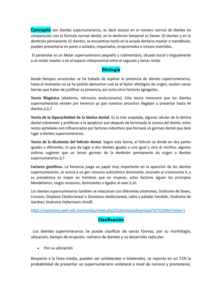 Clasificación de Dientes Supernumerarios | PDF | Diente | Odontología