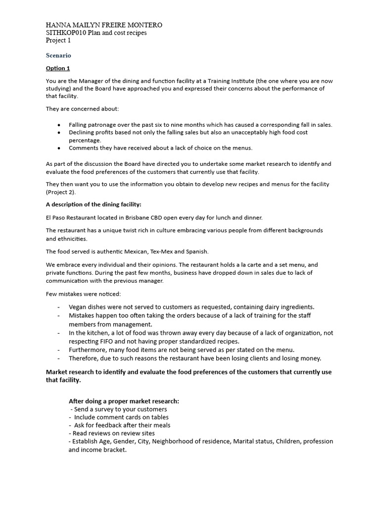 SITHKOP010 Plan and Cost Recipes Project 1 Template HANNA FREIRE | PDF | Menu | Burrito