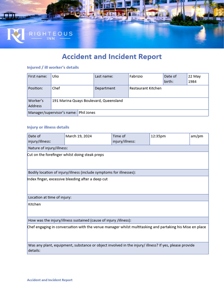 SITXWHS005 The Righteous Inn Accident and Incident Report 1 2 | PDF
