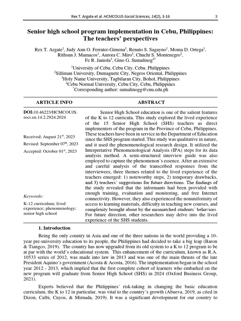Senior High School Program Implementation in Cebu, Philippines The ... Senior High School Program Implementation in Cebu, Philippines The ...