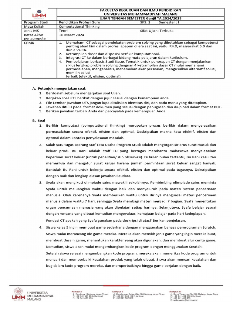 UTS Computational Thinking SEMESTER Ganjil 2024 | PDF | Karier & Perkembangan