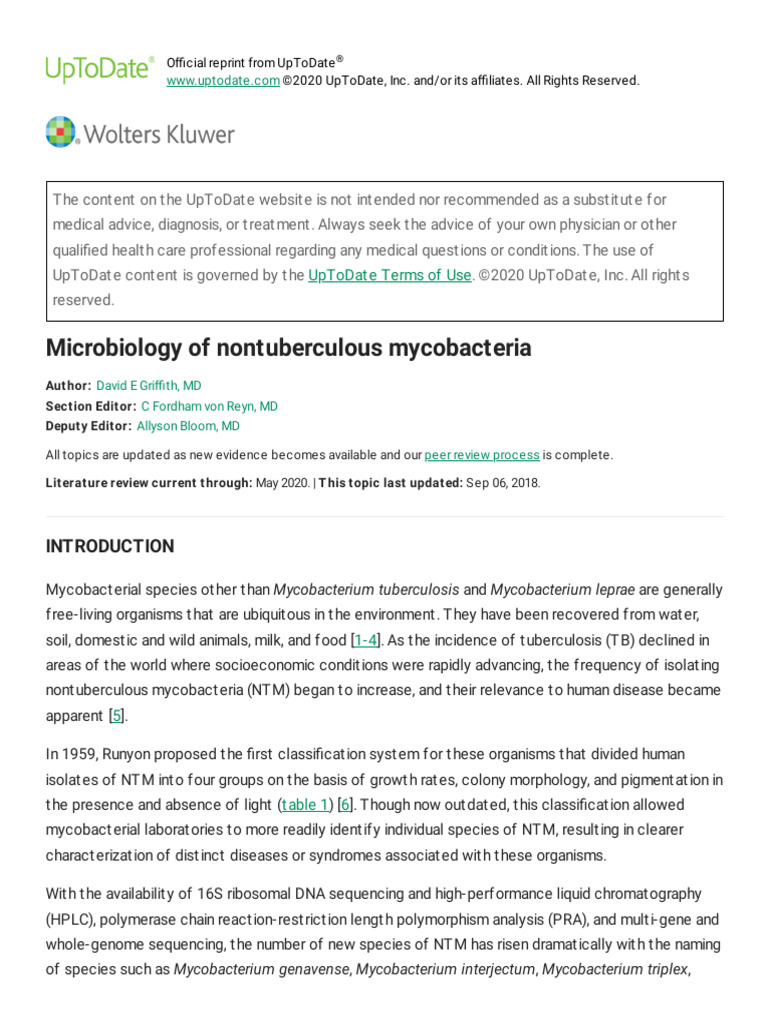 Microbiology of Nontuberculous Mycobacteria - UpToDate | PDF | Mycobacterium | Tuberculosis