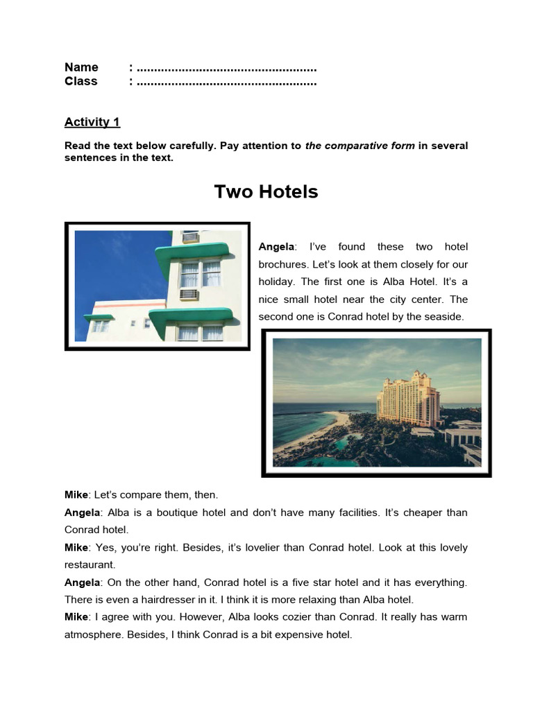 Week 12 Comparison Text And Exercise Pdf Hotel