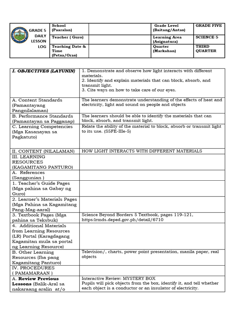 CO1_SCIENCE 5_DLP | PDF | Light | Reflection (Physics)