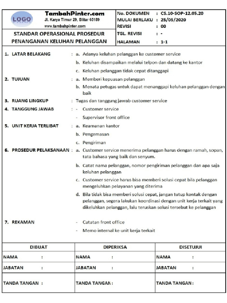 contoh-SOP-Perusahaan-Penanganan-Keluhan-Pelanggan (1) | PDF