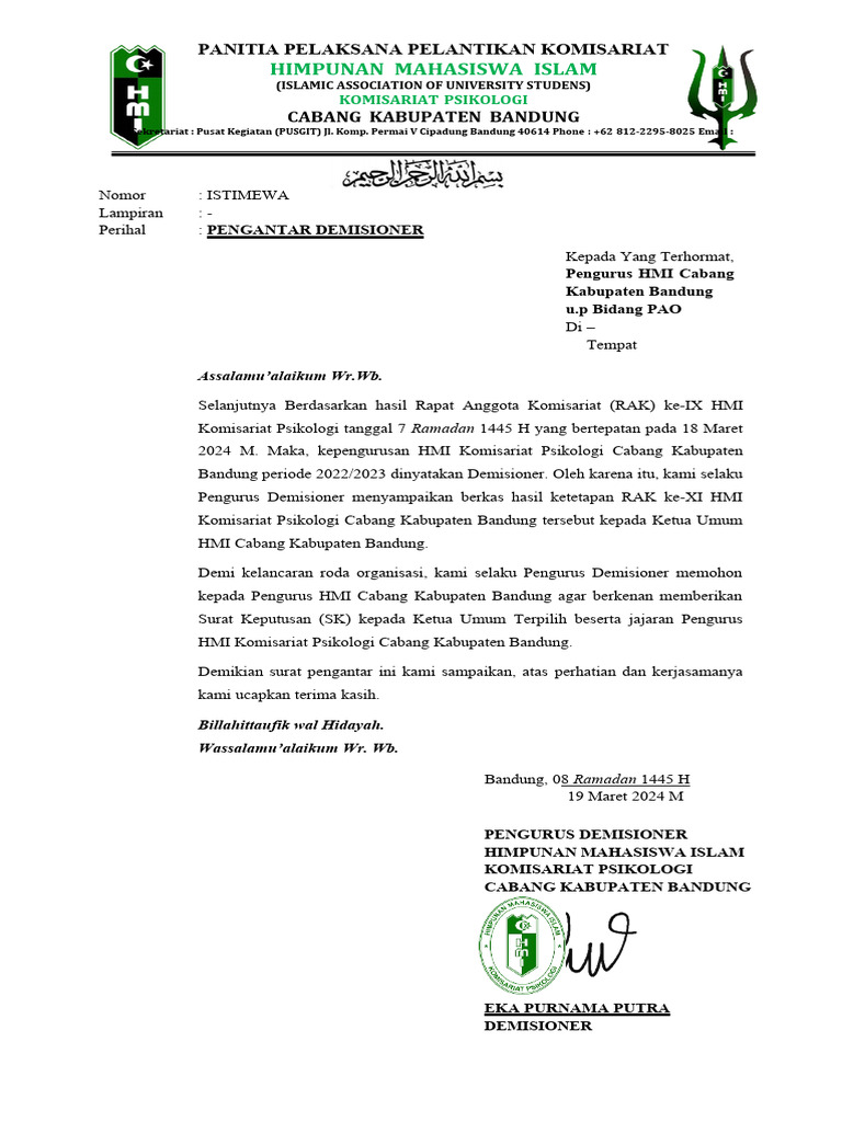 Surat Pengantar Dari Pengurus Demisioner - 020419 | PDF