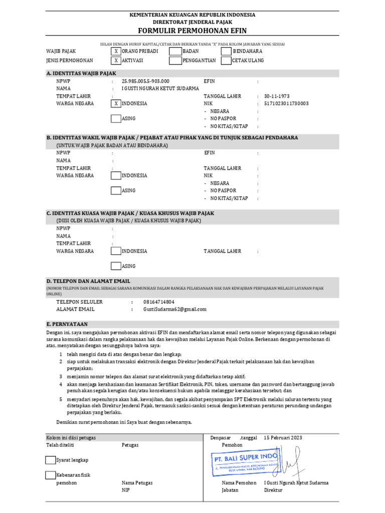 Permohonan Aktivasi EFIN Pajak Online | PDF