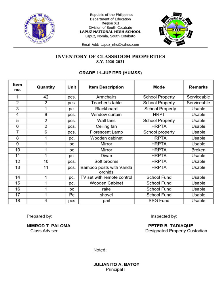 Classroom Inventory for Grade 11-Jupiter | PDF