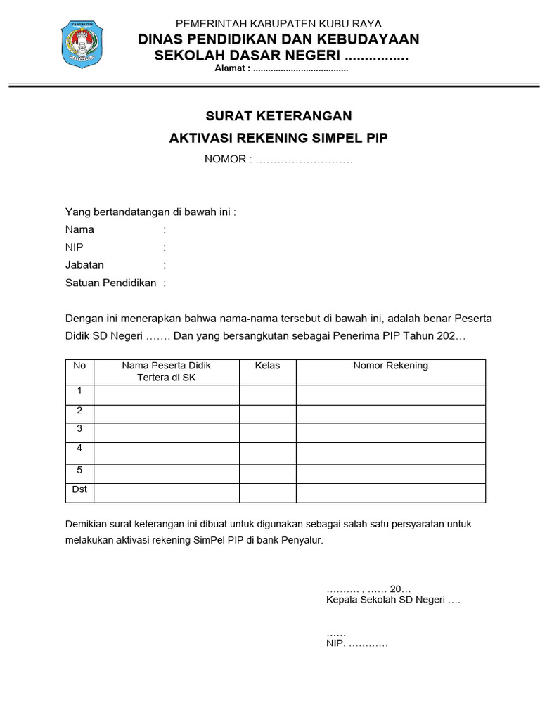 Surat Keterangan Kepsek Aktivasi Rek Pip | PDF