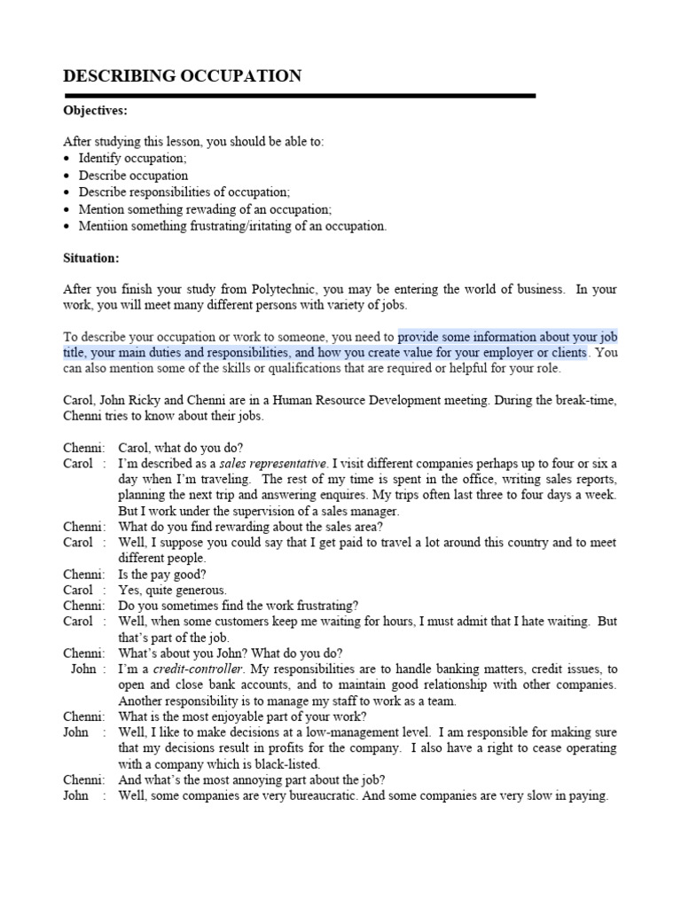 Understanding Occupations and Responsibilities | PDF | Bartender ...