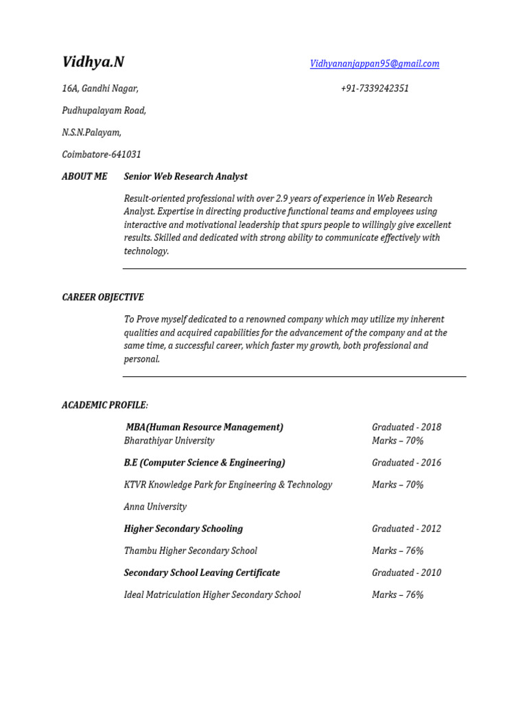 Vidhya New Resume | PDF | Leadership | Mobile App