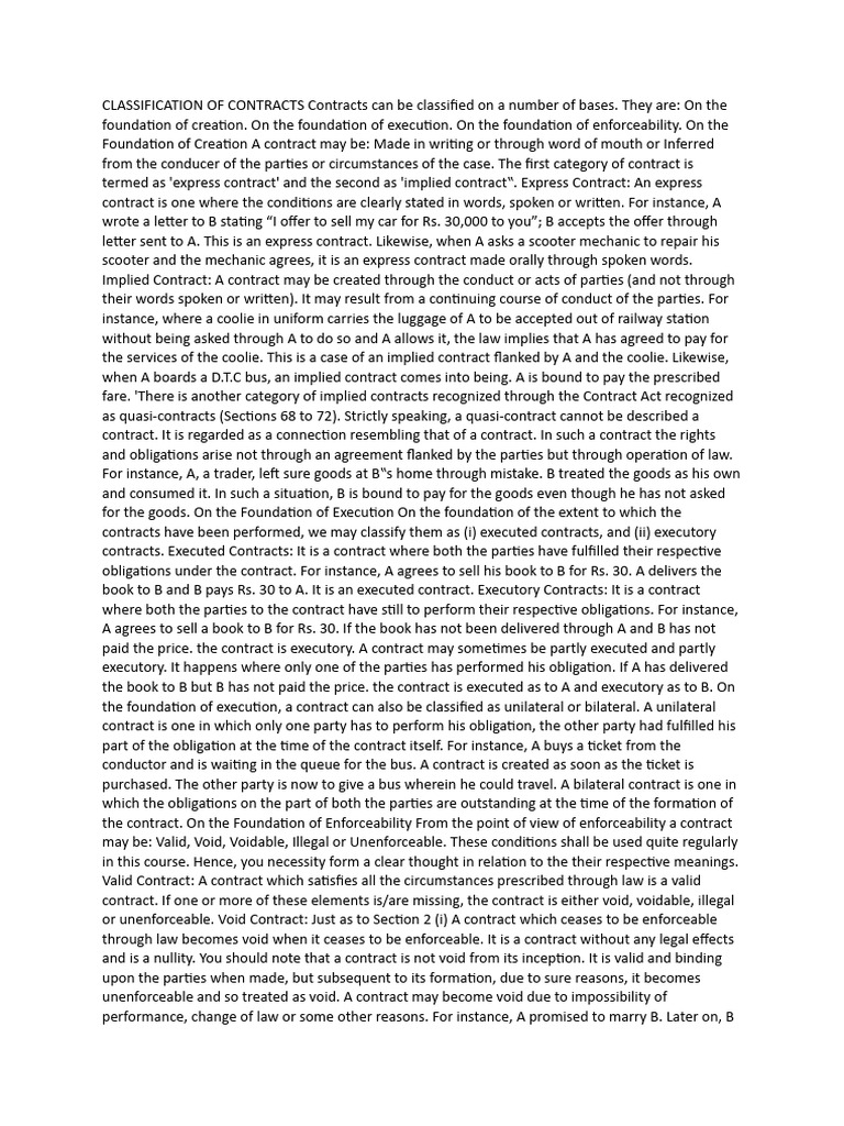 Classification Of Contracts Pdf Void Law Common Law