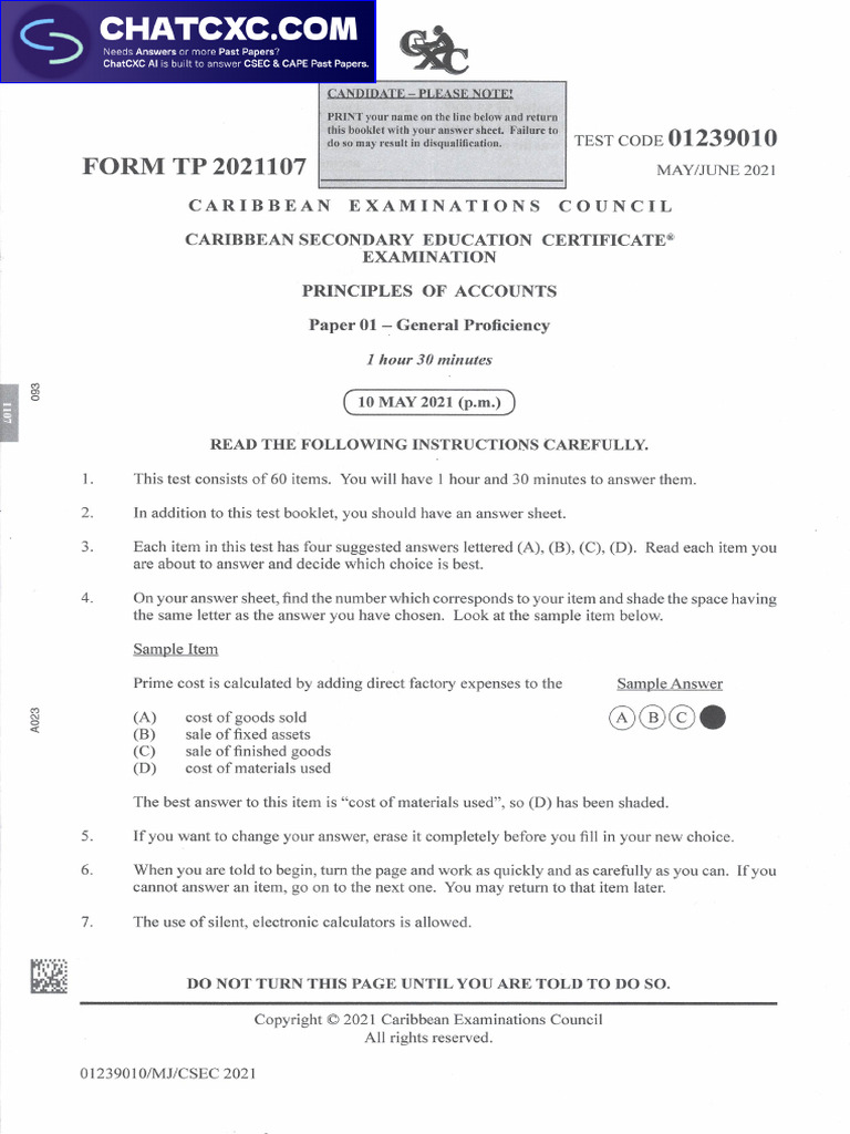 CSEC Principles of Accounts P1 2021 | PDF