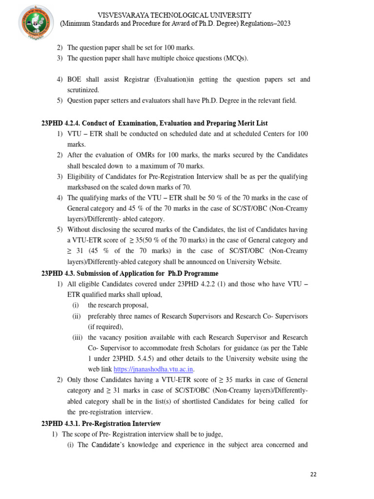 VTU Regulations PHD 2023 22 | PDF | Doctor Of Philosophy