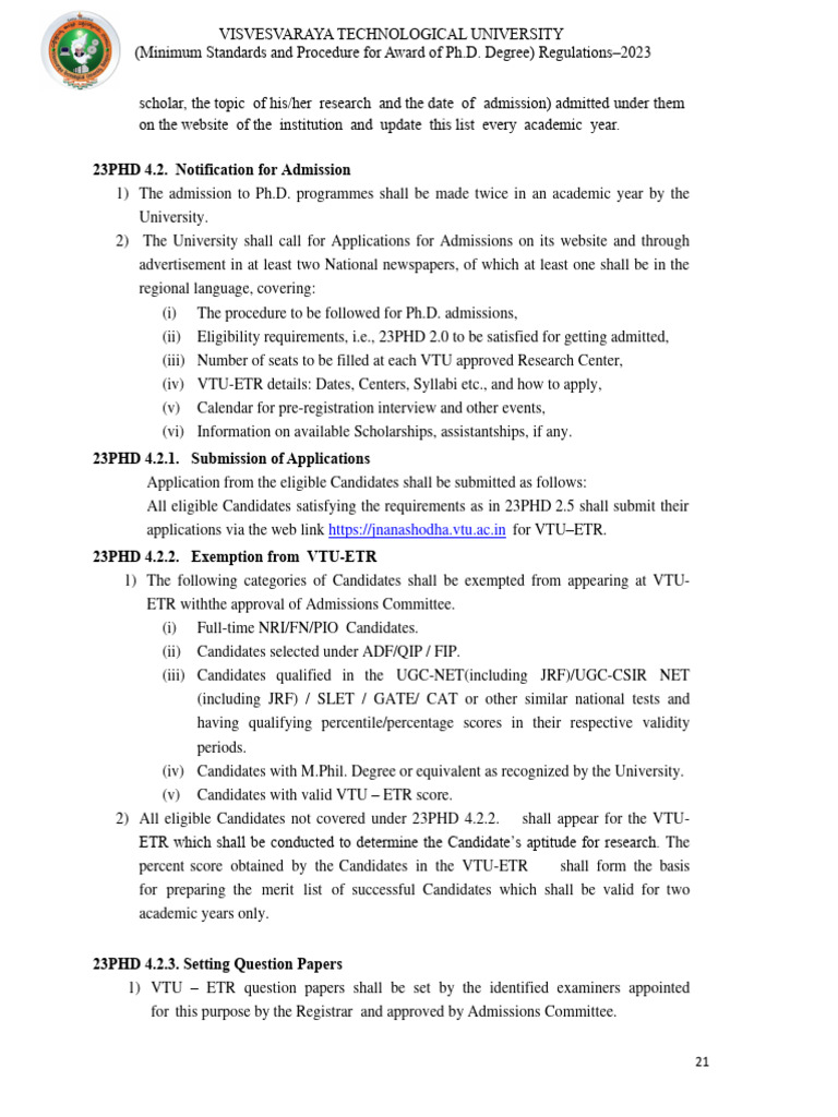 VTU Ph.D. Admission Regulations 2023 | PDF | Doctor Of Philosophy ...