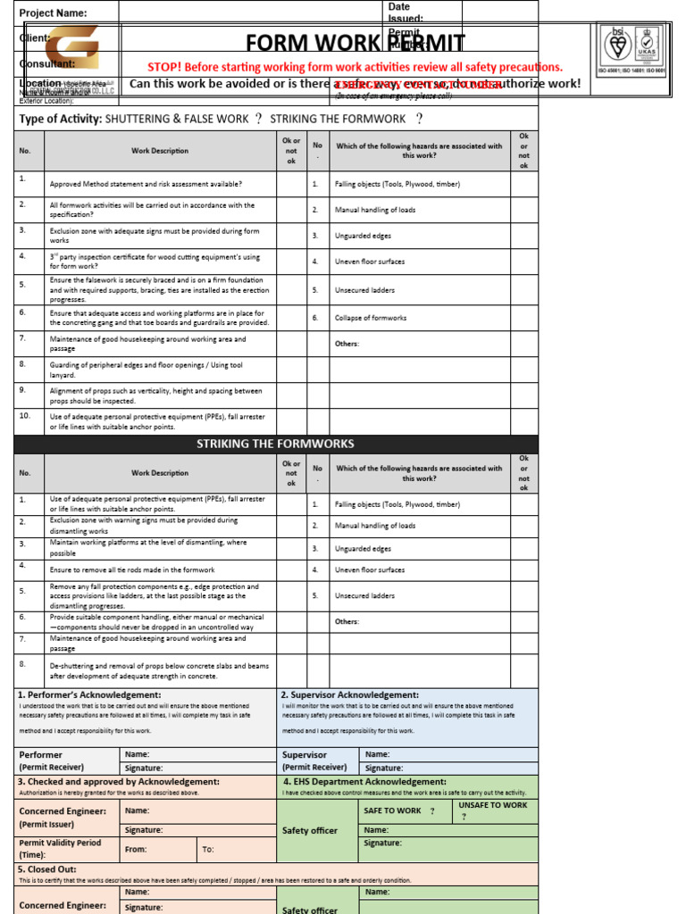 Form Work Permit | PDF | Safety