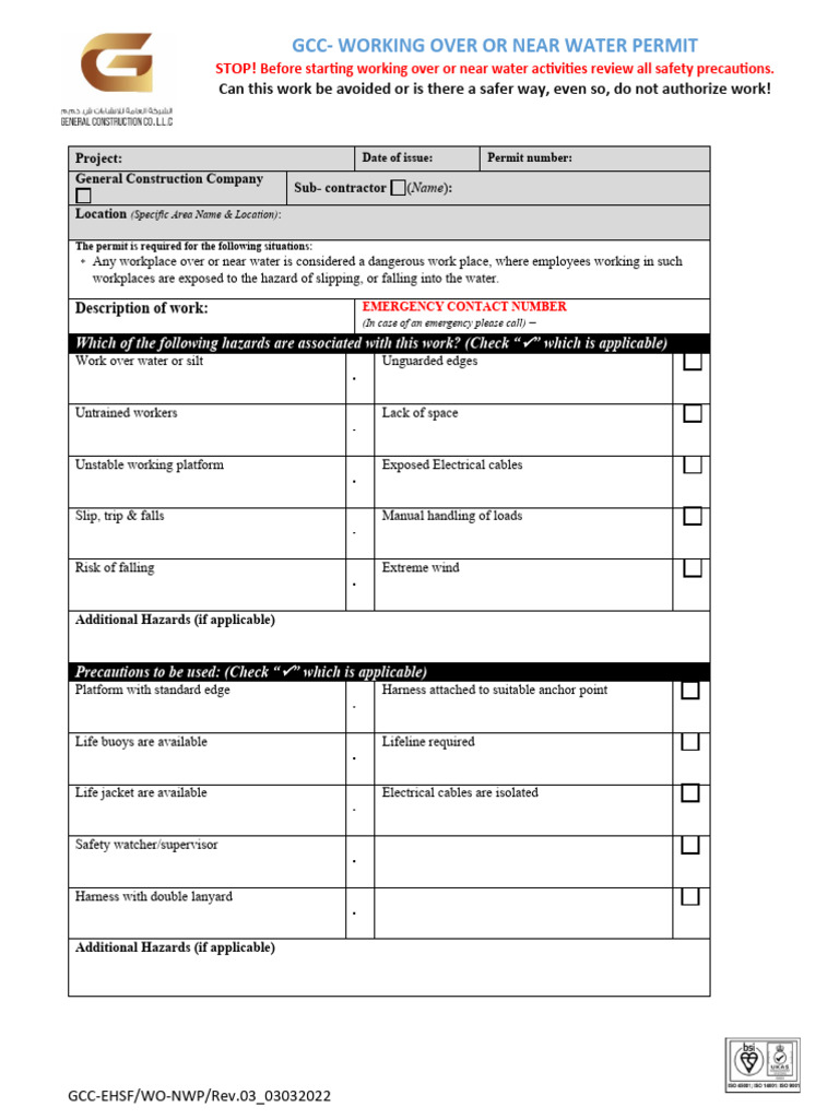 26. Working Over or Near Water Permit | PDF | Working Conditions ...