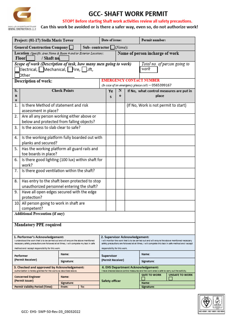 Shaft Work Permit | PDF | Safety