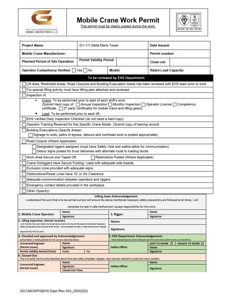 Mobile Crane Work Permit | PDF | Crane (Machine)