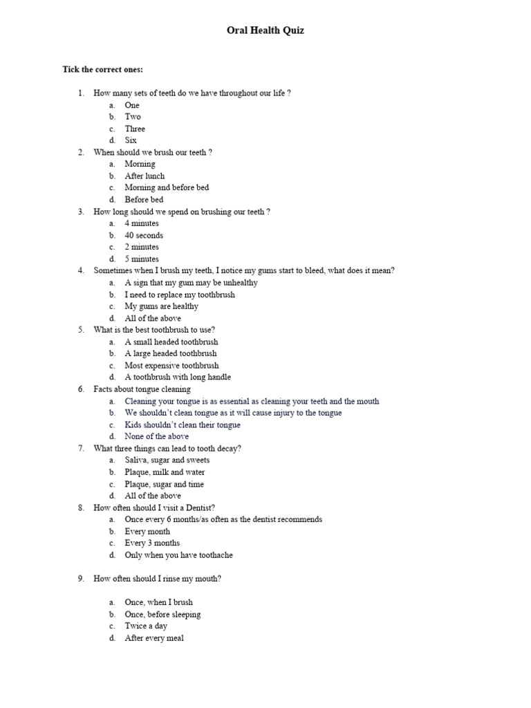 Oral Health Quiz | Download Free PDF | Toothbrush | Oral Hygiene