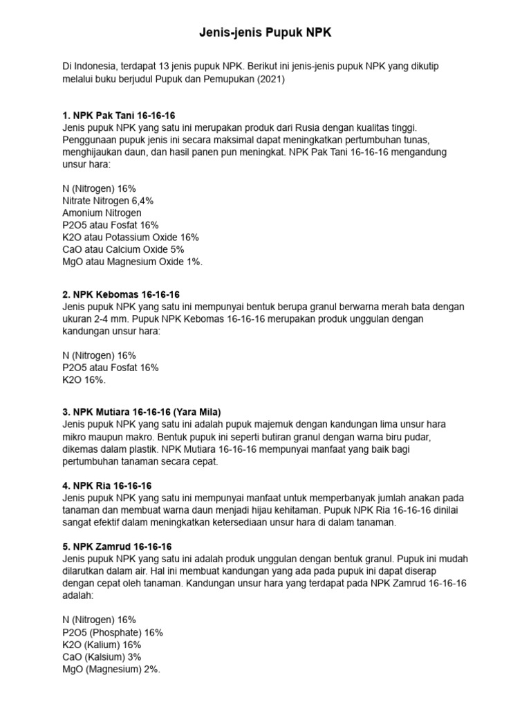 Jenis Pupuk NPK dan Fungsinya | PDF