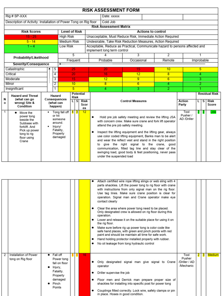 Power Tong Installation Risk Assessment | PDF | Risk | Crane (Machine)