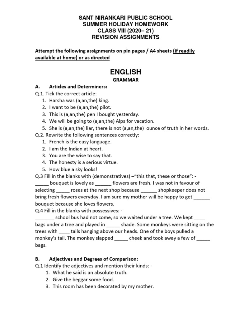 Class VIII Summer Homework Assignments | PDF | Sound