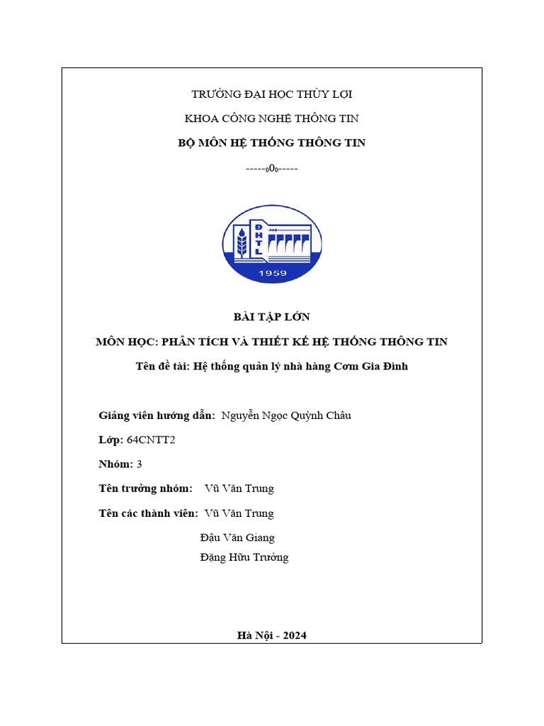 Báo cáo bài tập lớn môn PTTK HTTT | PDF