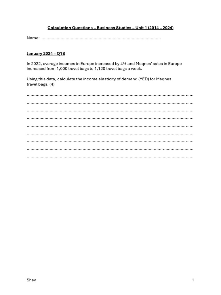 Edexcel As Unit 1 - Business Studies Calculations With Marking Scheme ...