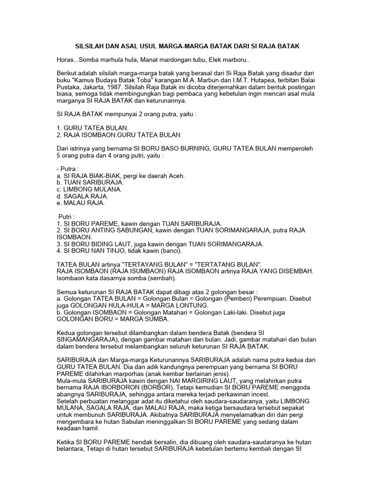 Silsilah Dan Asal Usul Marga Batak | PDF