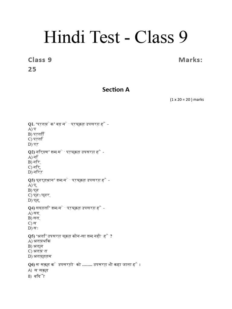 Hindi Test - Grammer Class 9 | PDF