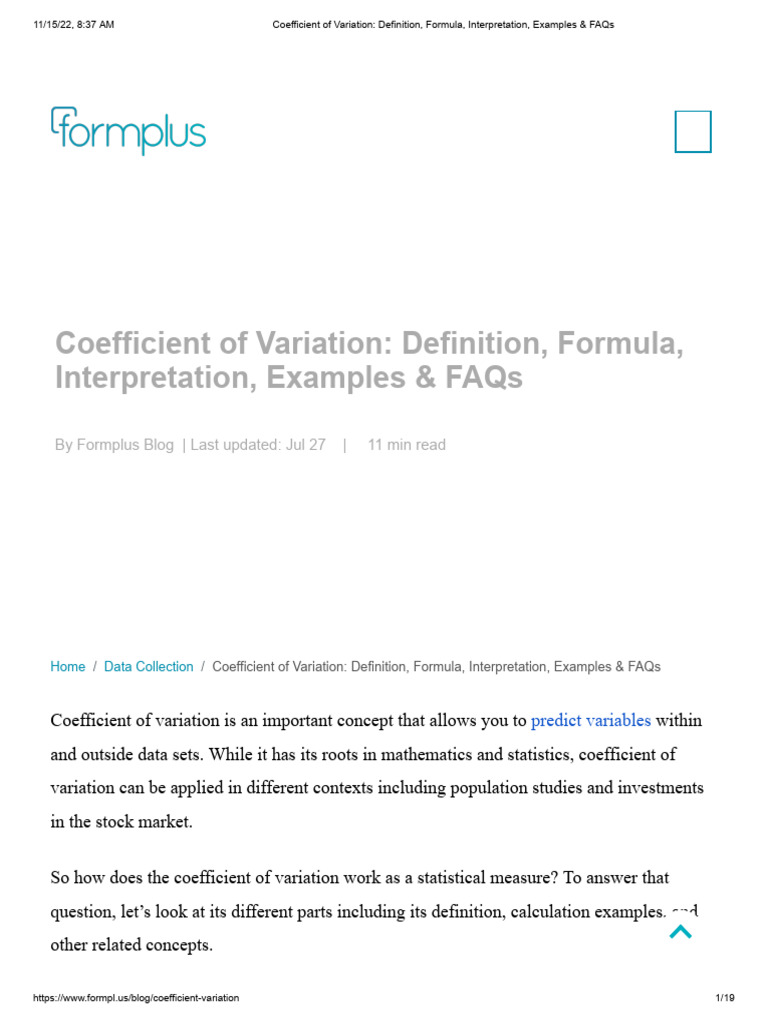 Coefficient of Variation - Definition, Formula, Interpretation, Examples & FAQs | PDF ...