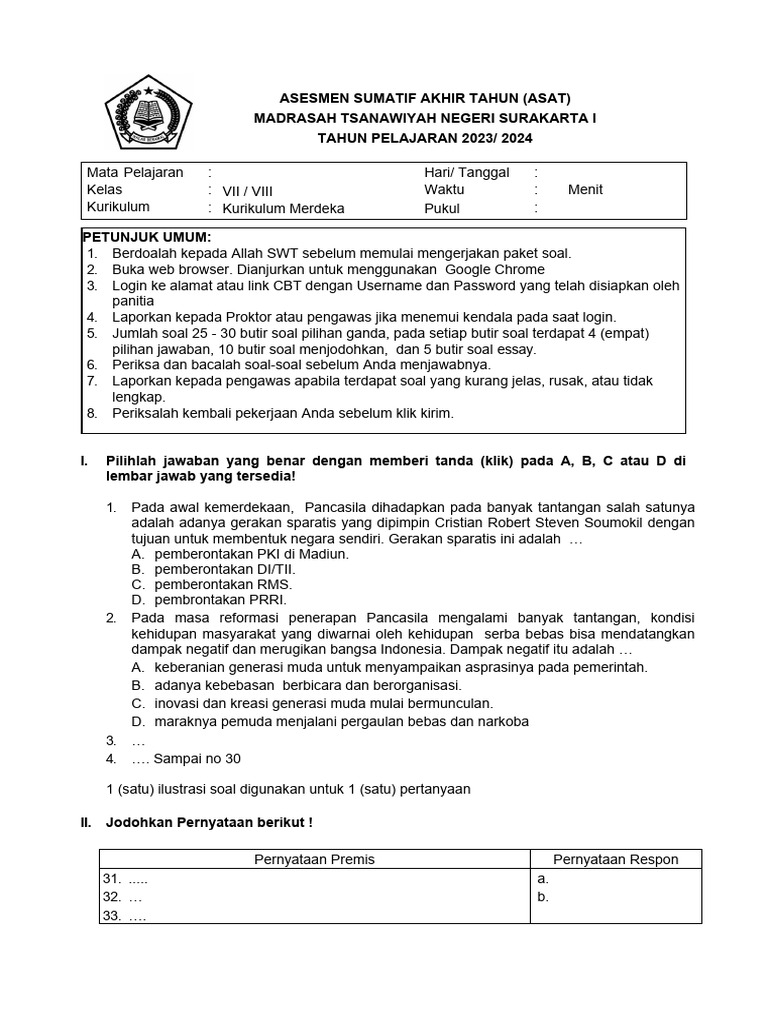 FORMAT SOAL ASAT 2024 | PDF