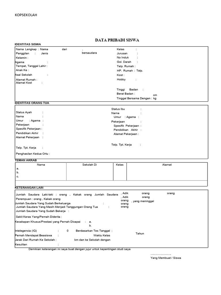 Form Himpunan Data Siswa | PDF