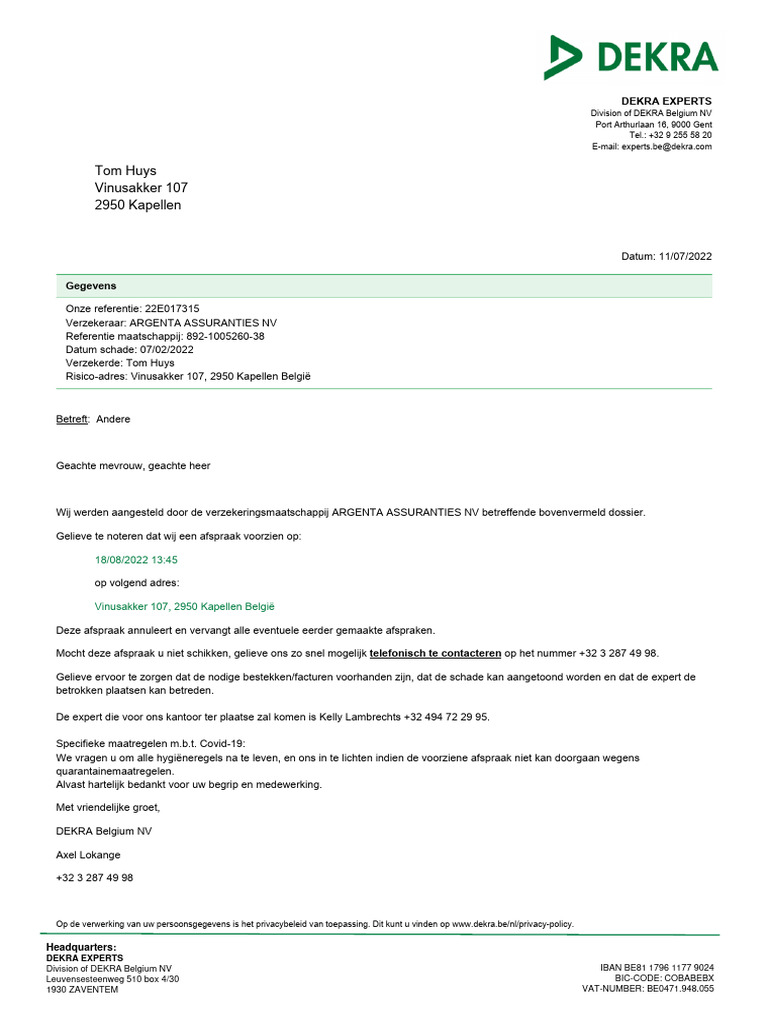 Brief - Dekra - Afspraak SL - 22e017315 - 2207111451 V1 | PDF