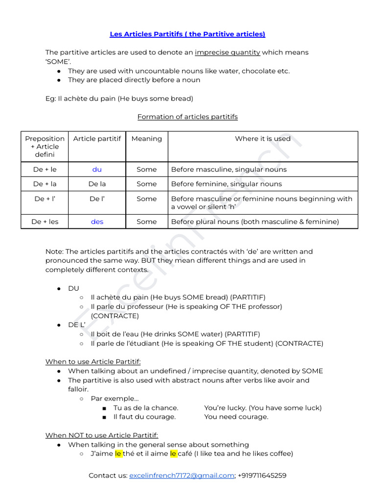 Les Articles Partitifs | PDF | Noun | Grammatical Gender