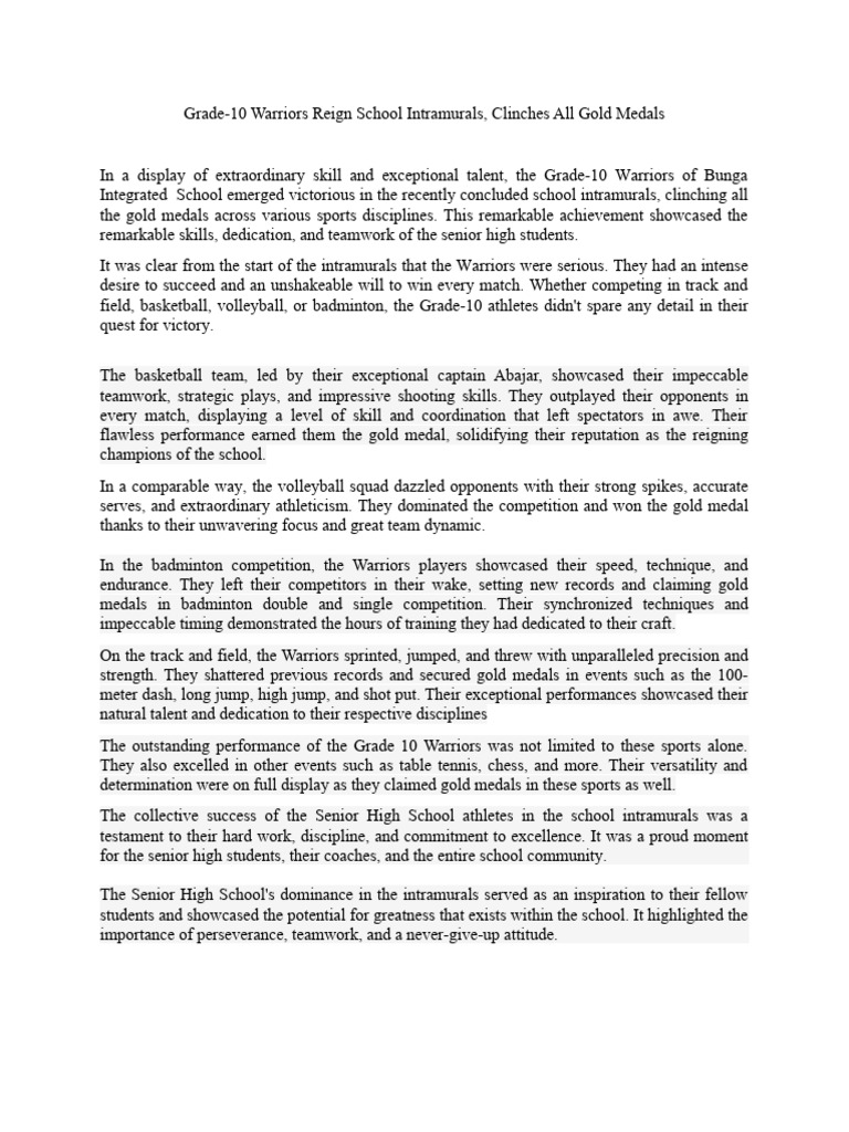 Grade 10 Reign School Intramurals | PDF | Games Of Physical Skill ...