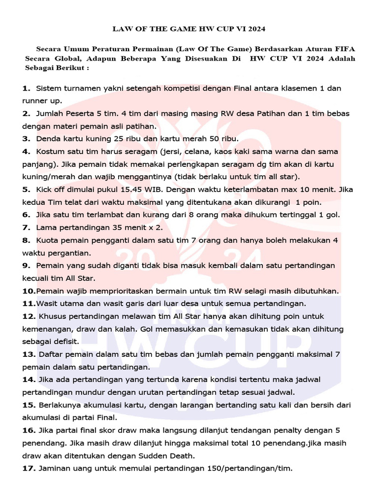 Law of The Game HW Cup Vi 2024 | PDF | Olahraga & Rekreasi