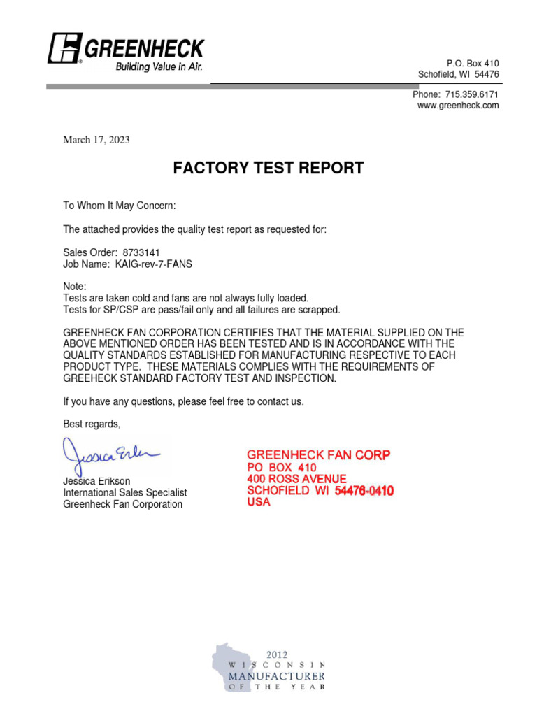 Factory Test Report 8733141 (1) | PDF | Electric Motor | Alternating ...