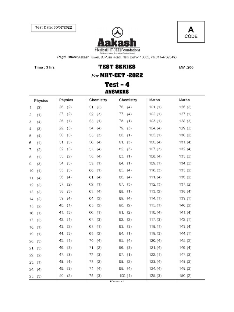 MHT CET Test-4 - Answer | PDF