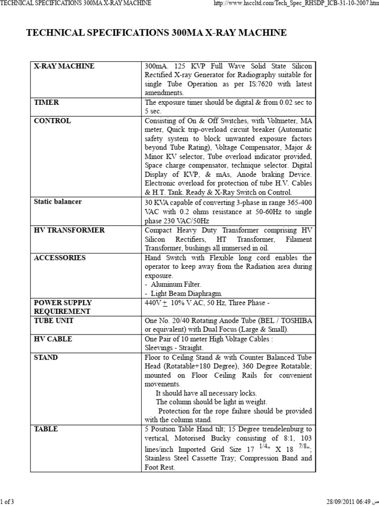 Technical Specifications 300ma X-Ray Machine | PDF | Vacuum Tube ...