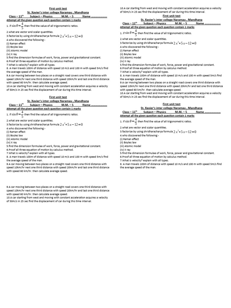 First Unit Test Class 11th Physics 2024 - 25 | PDF | Speed | Velocity First Unit Test Class 11th Physics 2024 - 25 | PDF | Speed | Velocity