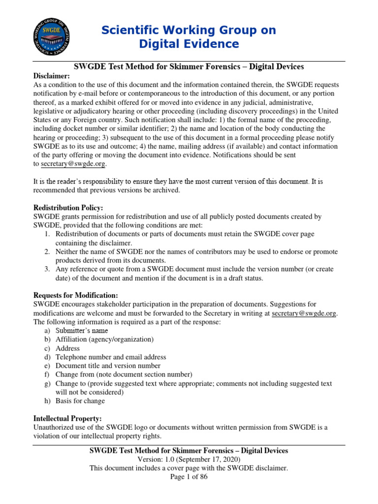 2020 09 17 SWGDE Test Method For Skimmer Forensics Digital Devices v1.0 ...