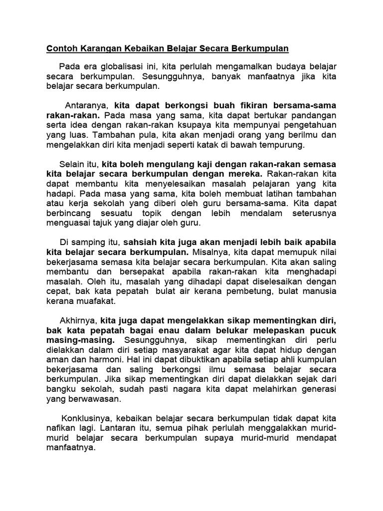 Contoh Karangan Kebaikan Belajar Secara Berkumpulan | PDF Contoh Karangan Kebaikan Belajar Secara Berkumpulan | PDF